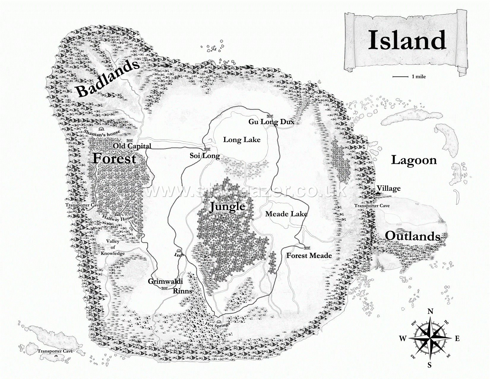 Colour, black and white maps of the Island